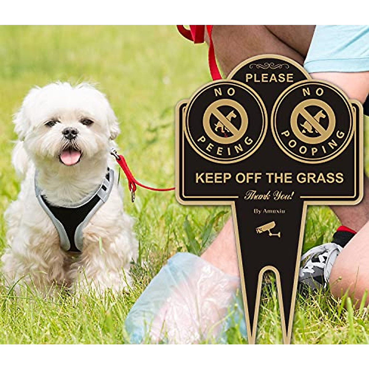 Amexiu No Pooping No Peeing Dog Sign, Keep off Grass Yard Sign Double Sided 15 x 9.5 X 0.08 Inches Rust Free Aluminum Sign, Easy Mounting Waterproof Durable Ink Black Gold Color, 1 Pack