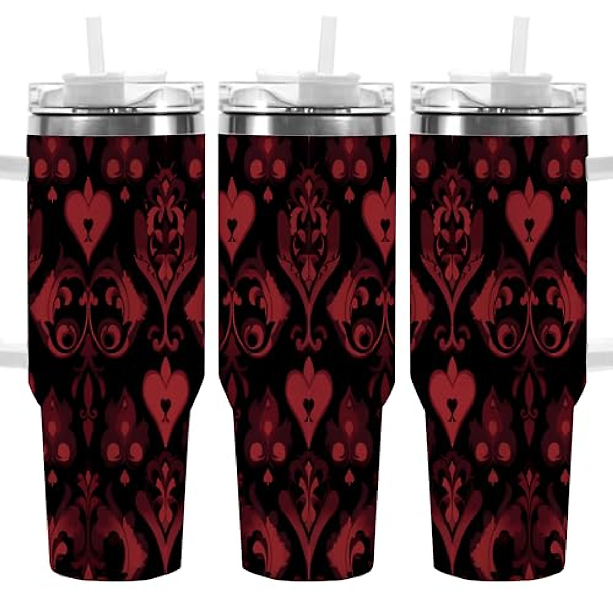 FOCIUZTA 40oz Deep Red Ornate Heart Pattern Tumbler with Lid, Travel Coffee Cup, Ideal for Easter, Gaming Enthusiast, Mother Day, and Birthday Gifts