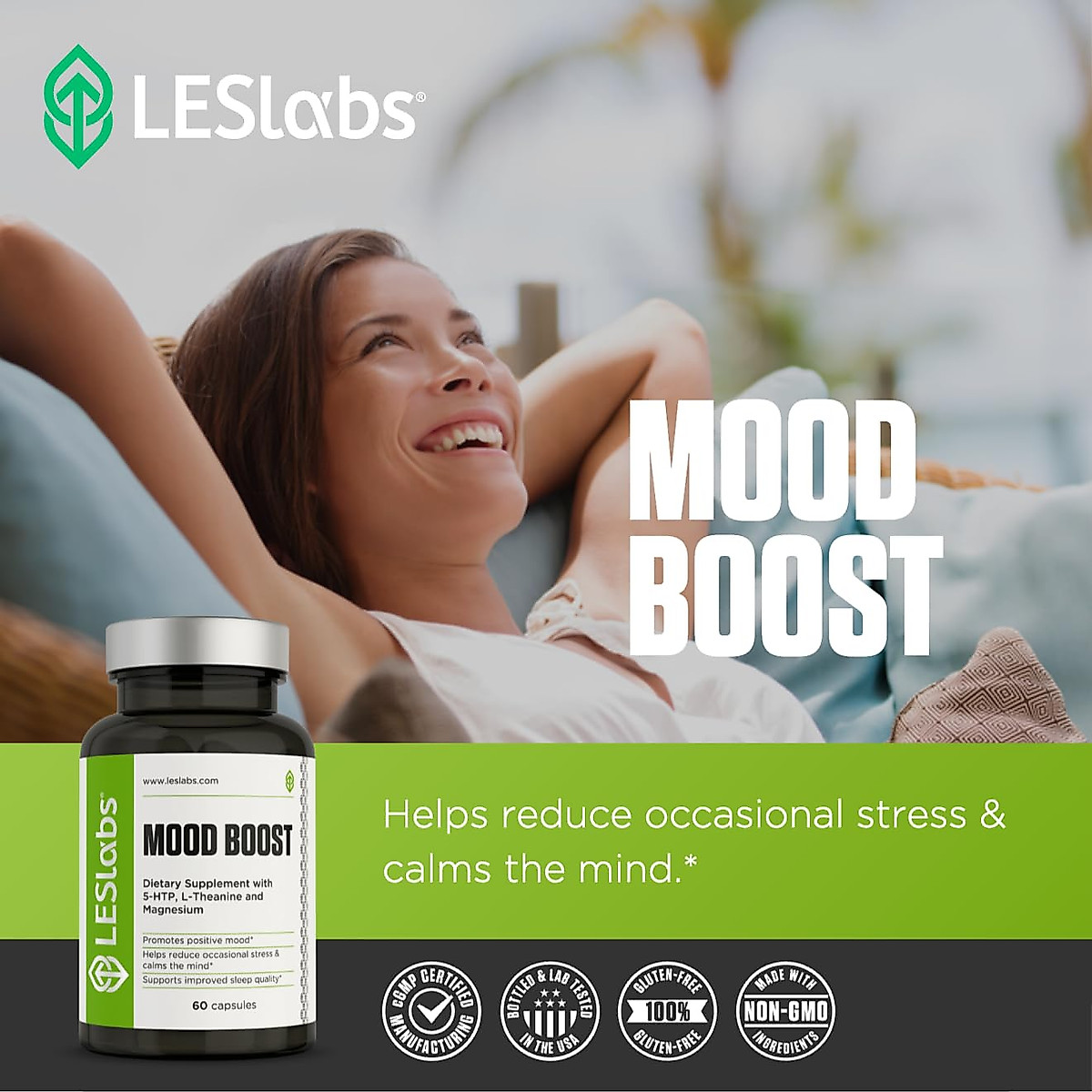 LES Labs Mood Boost – Stress Relief, Mood Support, Deep Relaxation & Better Sleep – 5-HTP, Ashwagandha, Rhodiola Rosea, Magnesium, L-Theanine & GABA – Non-GMO Supplement – 60 Capsules