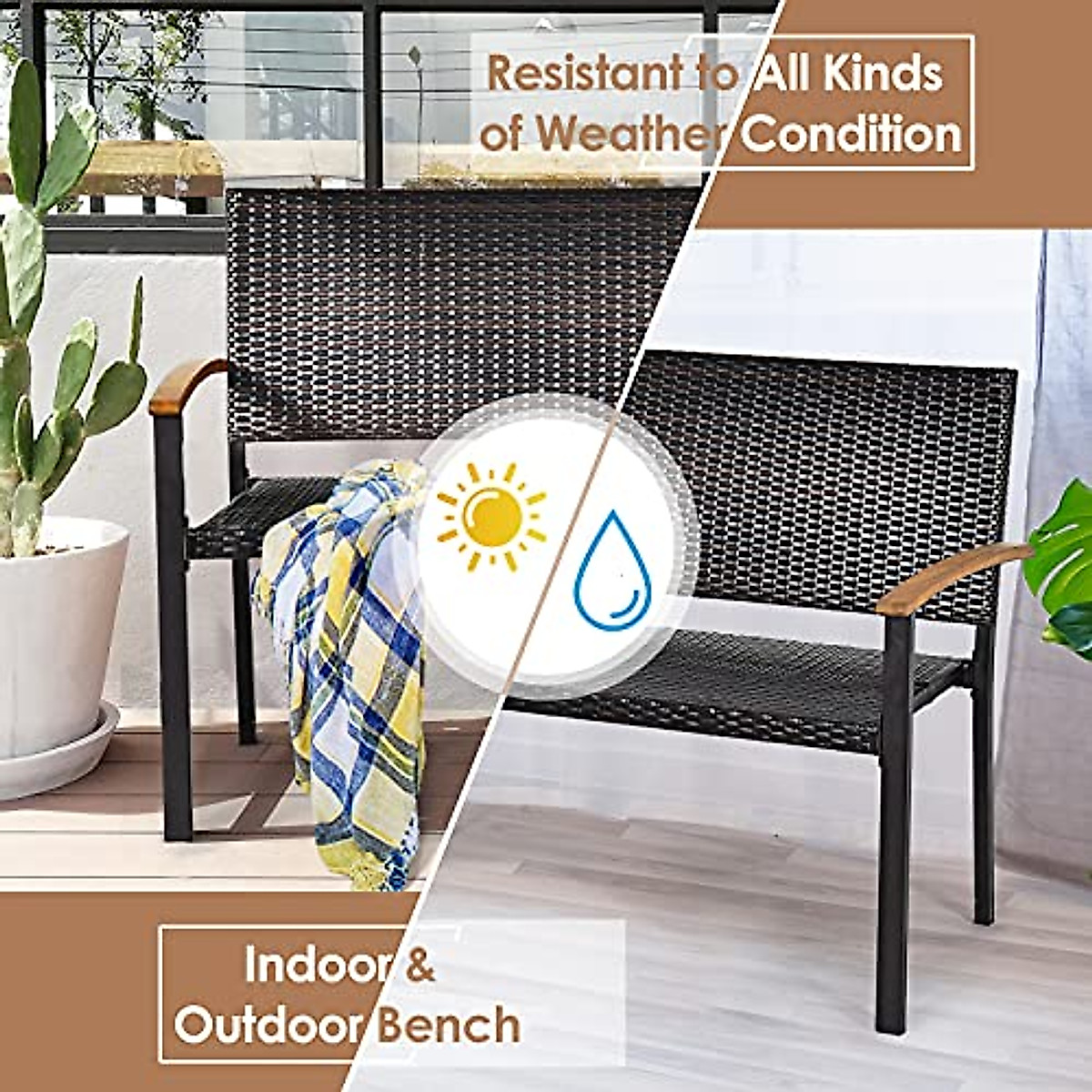 Tangkula Patio Wicker Bench, All Weather Rattan Bench w/Acacia Wood Armrest, Outdoor Loveseat Chair, Lightweight Patio Stackable Dining Bench for Front Porch, Backyard, Lawn, Garden, Pool, Deck