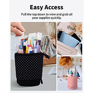 Sooez Pop Up Pencil Case, Cute Stand Up Pencil Case, Durable Pen Pouch, Telescopic Pencil Holder Case, Kawaii Standing Pencil Case, Spacious Pencil Pouch Portable Pencil Bag for School Office (Black)