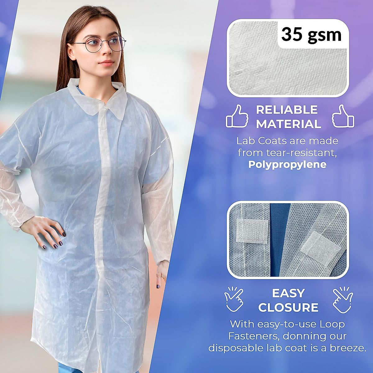 AMZ Medical Supply White Disposable Lab Coat, M. 35 GSM Polypropylene Fabric Medical PPE Coat. Knee-Length Disposable Lab Coats for Adults with Elastic Wrists, Loop Fasteners, No Pockets