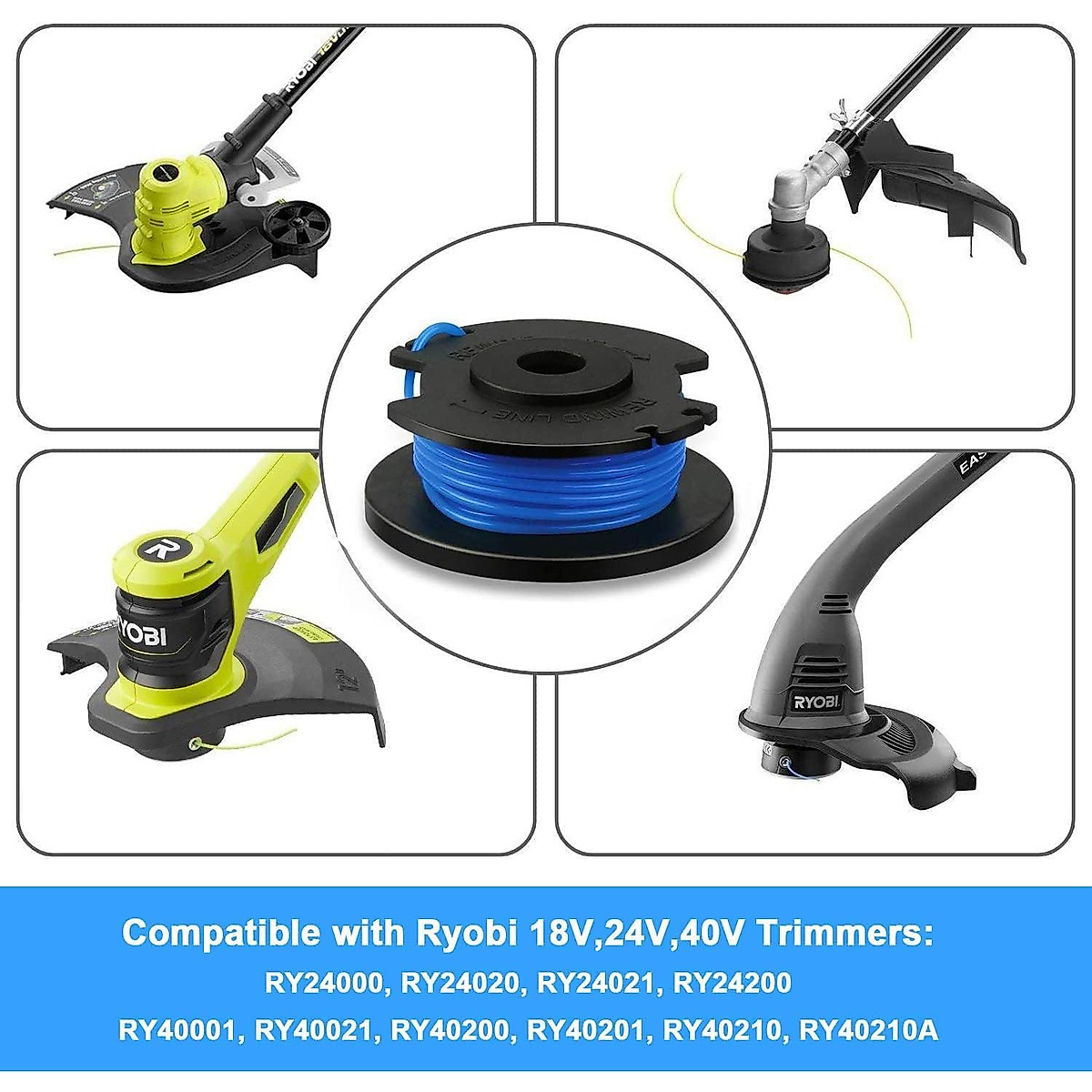 Eyoloty AC14RL3A String Trimmer Replacement Line for Ryobi One+18v, 24v, 40v Cordless Trimmers,11ft 0.065" Auto Feed Cordless Weed Eater Spools Line with AC14HCA Cap Covers Parts(6 Spools, 1 Cap)