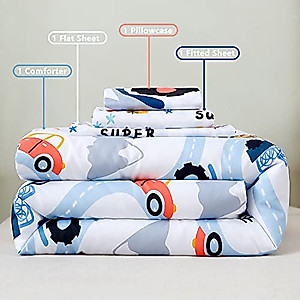 PERFEMET Toddler Bedding Kids 4 Pieces Bed in A Bag for Boys Cars Printed Microfiber Toddler Comforter Sets with Standard Pillow Case Modern Bedroom Collection, White