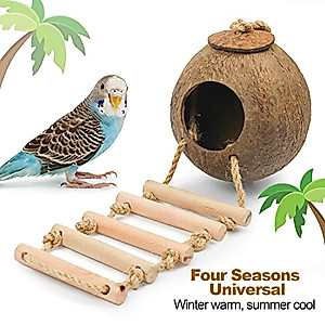 Coconut Bird Nest Coco Bird Hide Shell with Ladder,Parrot Hanging House Cage with Bird Perch Cage Accessories Exercise Toy Habitats for Parrot Parakeet Finch Lovebird and Small Animals (H01)