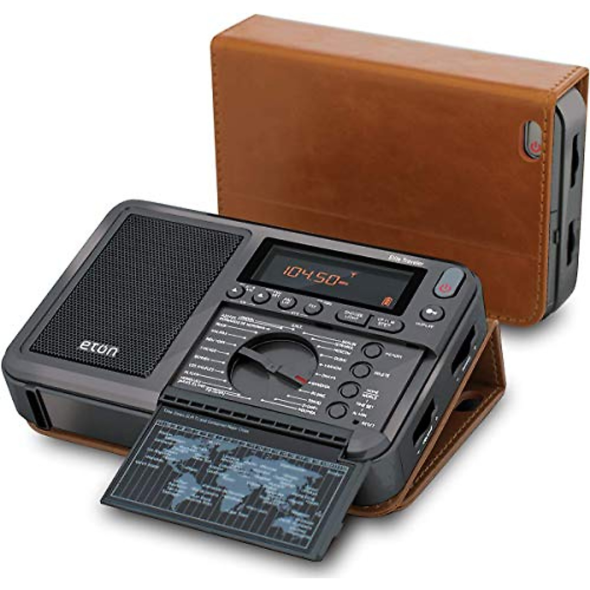 Eton - Elite Traveler AM/FM/LW/Shortwave Radio with RDS & Custom Leather Carry Cover, 500 Station Memory, Sleep Timer, Local/World Time Setting, Snooze Function, Orange LCD Display, Earphone Jack