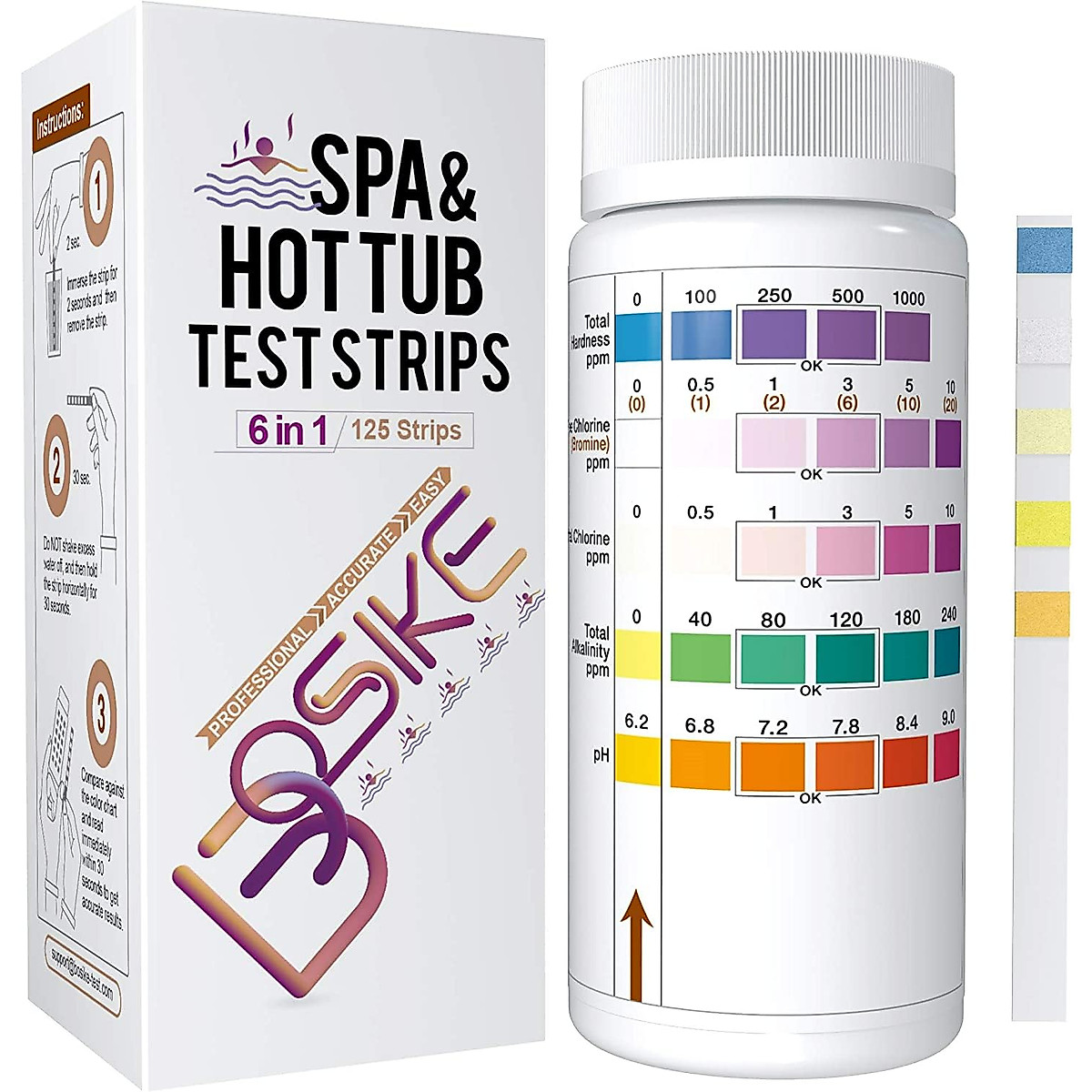 BOSIKE 6 in 1 Hot Tub Test Strips - 125 ct - Water Testing Kit for Swimming Pool & Spa - Tester for Hardness, Total & Free Chlorine, Bromine, Alkalinity & pH