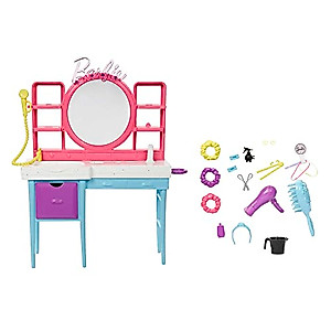 Barbie Doll and Hair Salon Playset with 15 Styling Accessories and Furniture, Long Color-Change Hair and Printed Dress