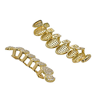 TSANLY Gold Grillz Iced Out CZ Diamond Top & Bottom Set Grill 24K Gold Plated Macro Pave Teeth Grills - EXTRA Molding Bars Included + Storage Case + Microfiber Cloth