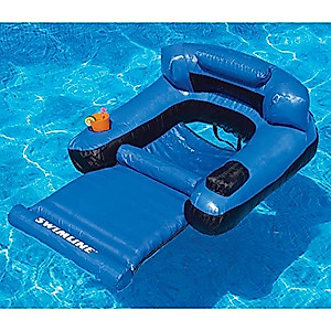 Swimline Swimming Pool Inflatable Nylon Vinyl 1 Person Floating Loungers Chairs with Backrest, Footrest, and Drink Cupholder, Blue (2 Pack)