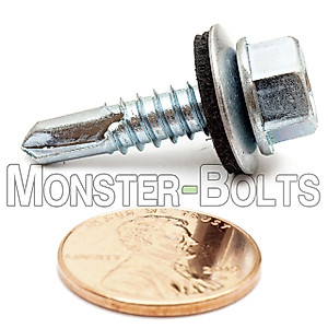 (50) #14 x 1" Indent HWH with Bonded EPDM Sealing Washer, Hex Washer Head Unslot, 1/4" Zinc #3 Point Self Drilling TEK Sheet Metal Roofing Screws - MonsterBolts (50, #14 x 1")