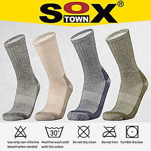 SOX TOWN Men's Merino Wool Cushion Crew Socks Moisture Wicking Control for Outdoor Hiking Work Boot Thermal Warm All Seasons(Mixcolor1 L)