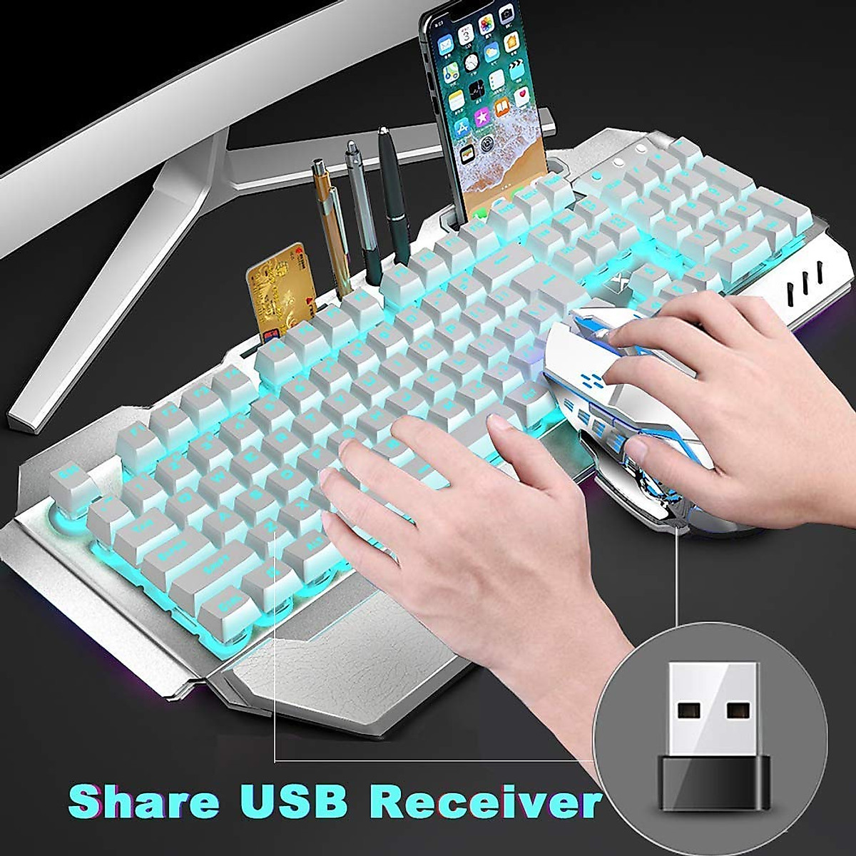 Wireless Keyboard and Mouse,Blue LED Backlit Rechargeable Keyboard Mouse with 3800mAh Battery Metal Panel,Removable Hand Rest Mechanical Feel Keyboard and 7 Color Gaming Mute Mouse for PC Gamers