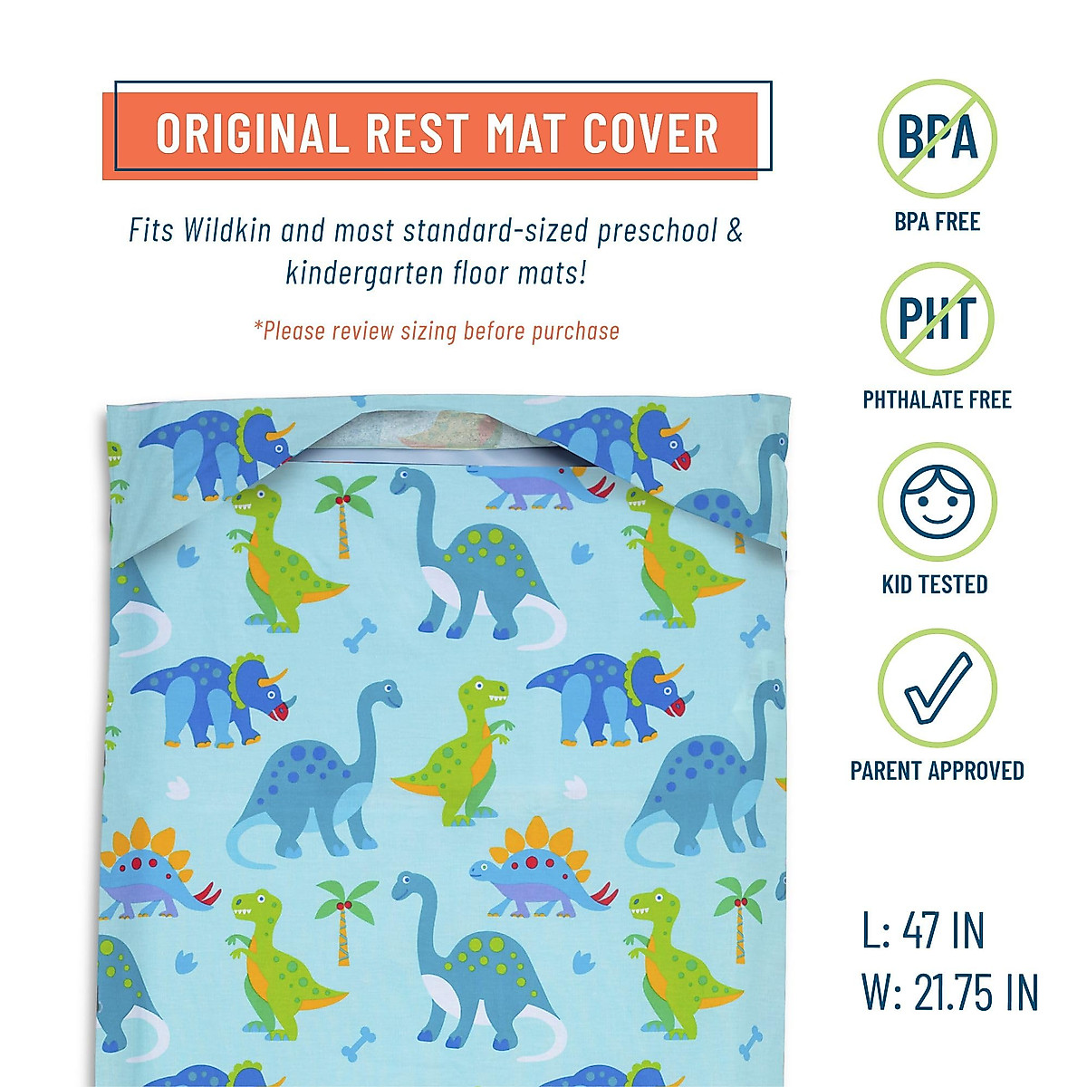 Wildkin Kids Nap Mat Cover for Boys & Girls, Sewn-in Flap Design Rest Mat Cover, Perfect for Preschool and Daycare, Fits Our Vinyl Nap Mat up to 1.5 Inches Including Basic Sleep Mat (Dinosaur Land)