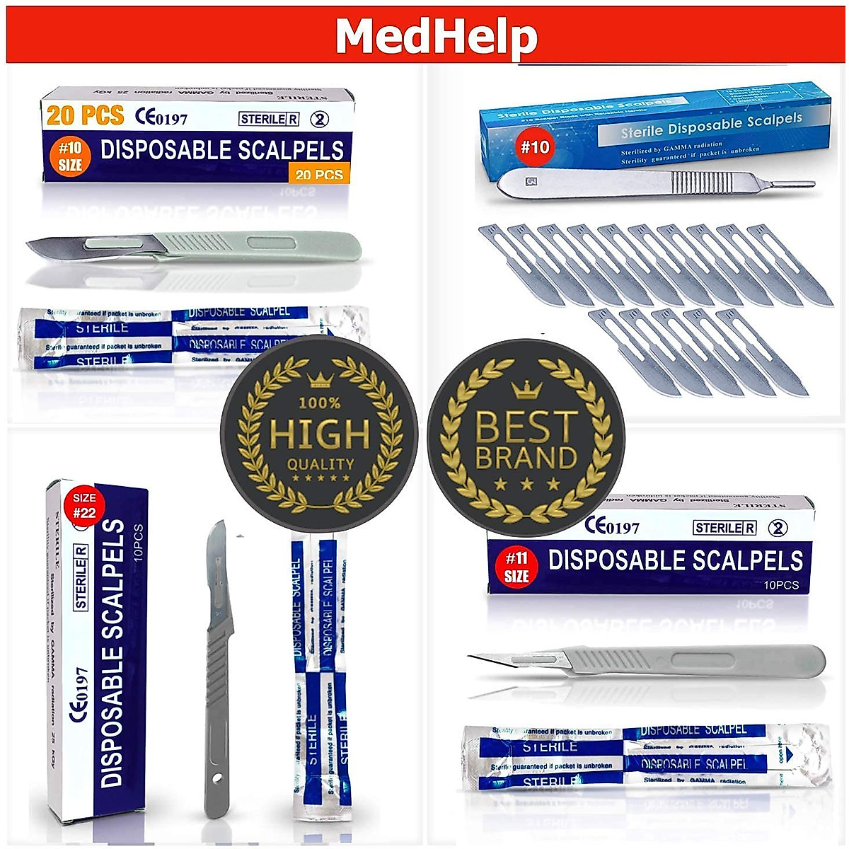 MEDHELP Pack of 100 Disposable Surgical Blades 11 and Pack of 3 Scalpel Handle #3 - Size 11 Scalpel Blades for Surgical Knife Scalpel, High Stainless Steel Dermablade Surgical Blades