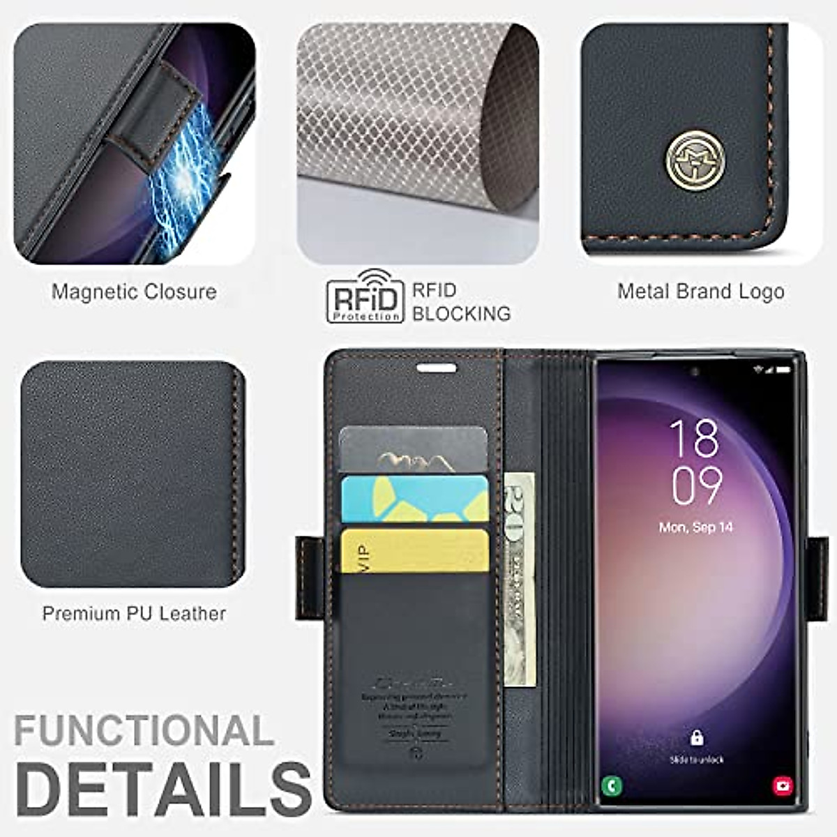 ASAPDOS Samsung Galaxy S23 Ultra Case Wallet[S-Pen Fully Compatible],Retro PU Leather Flip Case with Magnetic Closure,[RFID Blocking] Card Holder and Kickstand(Black)