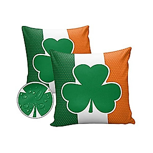Vandarllin Outdoor Throw Pillows Covers 18X18 Set of 2 Waterproof Irish Flag Printed with Green Clover Leaf Decorative Zippered Lumbar Cushion Covers for Patio Furniture,