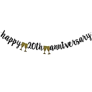 Happy 20TH Anniversary Banner,Pre-Strung, Black Paper Glitter Party Decorations For 20TH Wedding Anniversary Party Supplies Letters Black ZHAOFEIHN