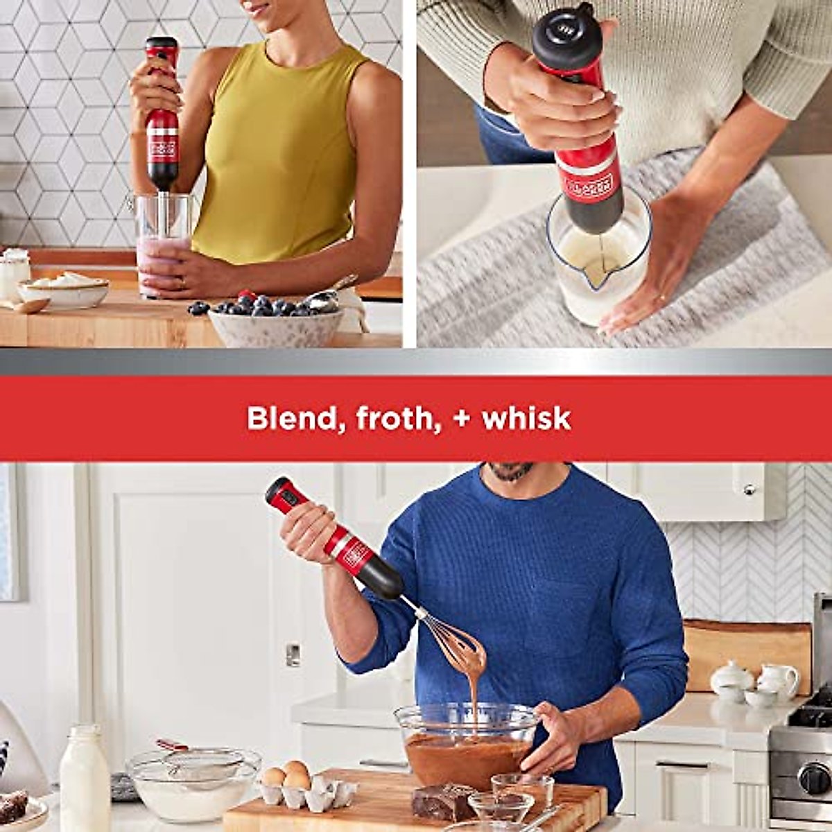 BLACK+DECKER Kitchen Wand Cordless Immersion Blender, 3 in 1 Multi Tool Set, Hand Blender with Charging Dock, Whisk and Milk Frother, Red (BCKM1013KS06)