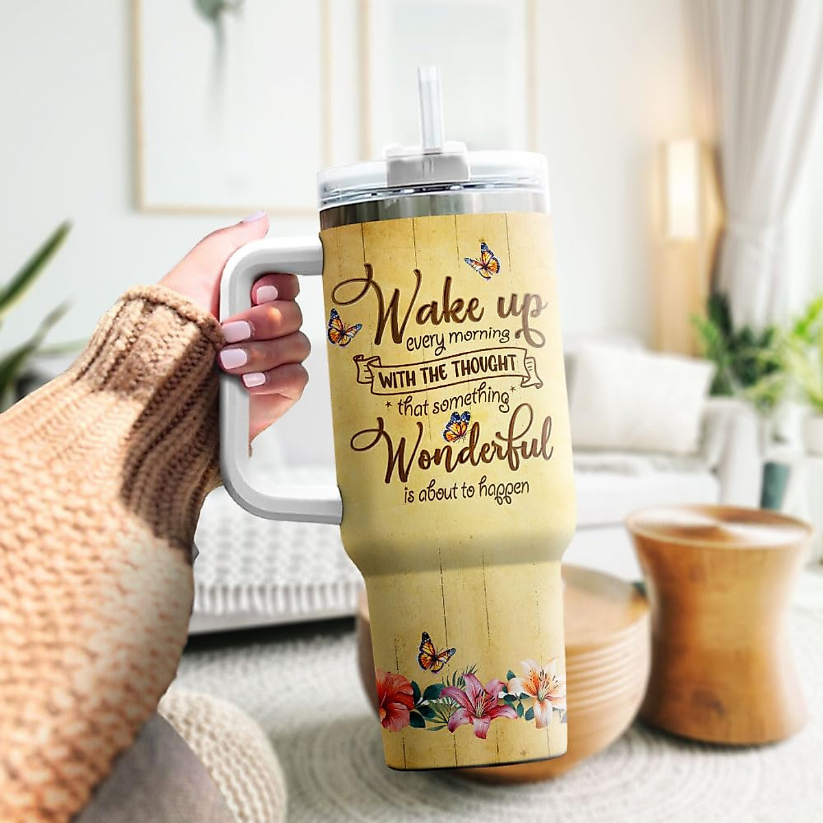 99OWL Elephant Hibiscus Tropical Floral, Elephant Gifts, Women Handle Tumblers Yellow For Butterfly Coffee Adults Funny Flower, Tumbler 40 Oz With Handle Lid And Straw