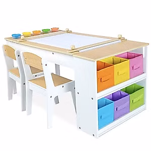 Milliard 2-in-1 Kids Art Table and Art Easel Set with Chairs for Playroom, Toddler Craft and Play Wood Activity Table with Storage Bins and Paper Roll