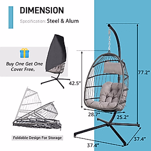 Patiorama Indoor Outdoor Egg Swing Chair with Stand, Patio Grey Wicker Rattan Hanging Chair with Rope Back, Cushion,Cover,All Weather Foldable Hammock Chair for Bedroom, Garden (Light Grey)