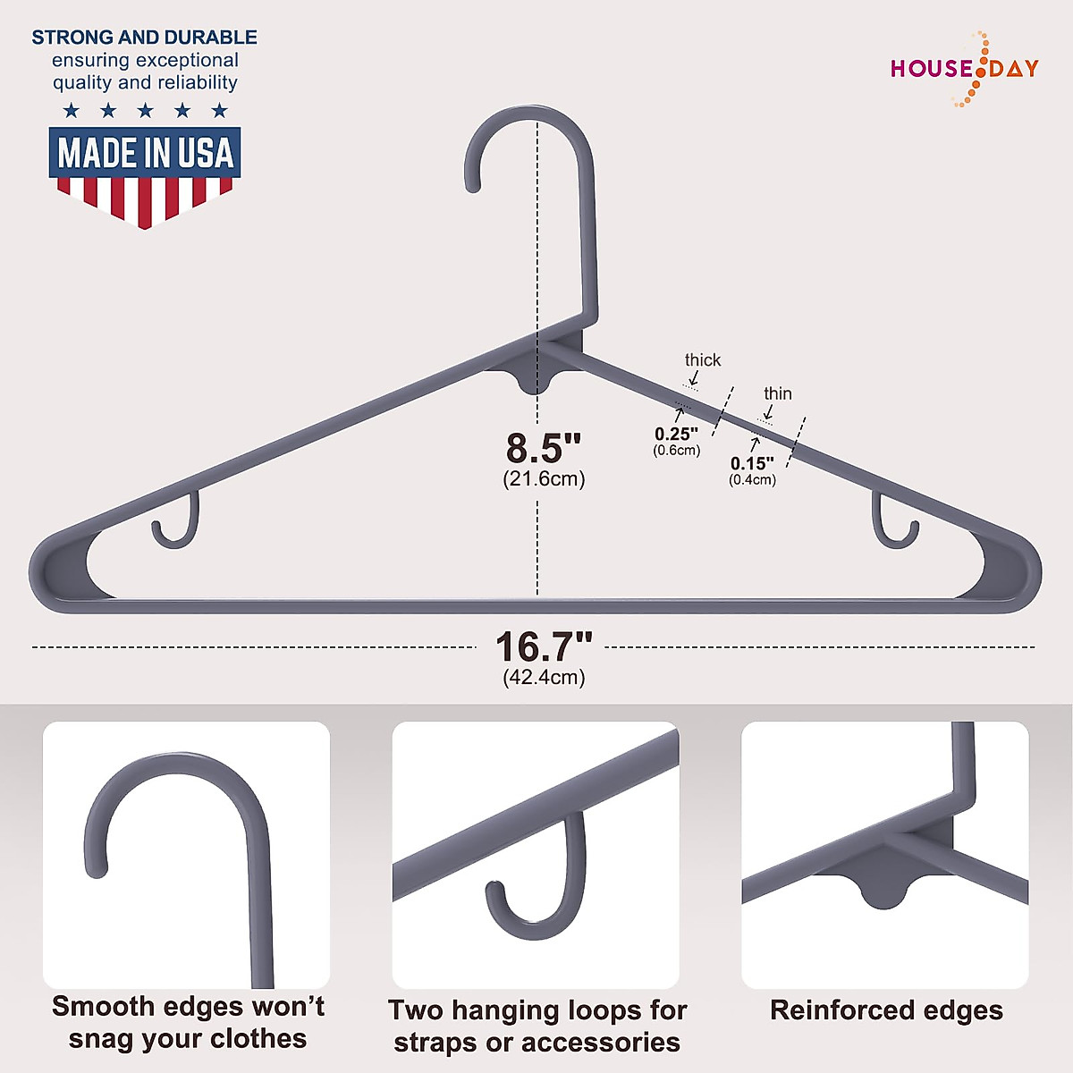 HOUSE DAY Plastic Hangers Grey 60 Pack Durable & Space Saving Clothes Hangers Bulk Suit & Coat Hangers with Non-Slip Hook Closet Hangers Lightweight Hangers for Clothing, Shirts, Pants, Dresses