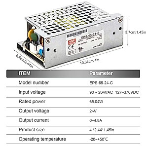 TorqCali EPS-65-24-C 65W Single Output Switching Power Supply 24V 2.71A, 88% Efficiency, Universal AC Input, Enclosed Type, for Automation, Test & Measurement, and Industrial Applications