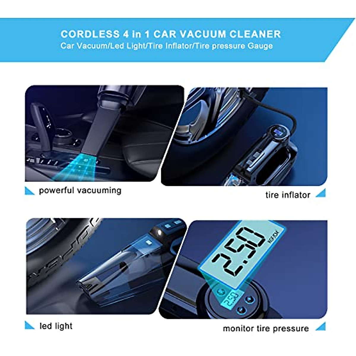 ARUOXIN 4-in-1 Car Vacuum Cordless Rechargeablen with Tire Inflator,130W 7000Pa 12V DC Handheld Vacuum Car Cleaner with Digital Tire Pressure Gauge LCD Display & LED Light for Home, Pet Hair, Car