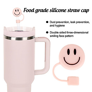Whaline 6Pcs Smile Face Straw Covers Light Pink Double Sided Pattern Straw Tip Covers 0.4 Inch Silicone Reusable Round Straw Topper for 30 & 40 OZ Tumbler with Handle