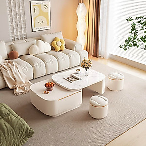 GraceNook Extended Oval Coffee Table with 2 Pu Leather Stools Set, Length Extend from 35"- 54", Nesting Coffee Table 3 Sets with Faux Marble Surface, Center Table with 2 Drawers for Living Room