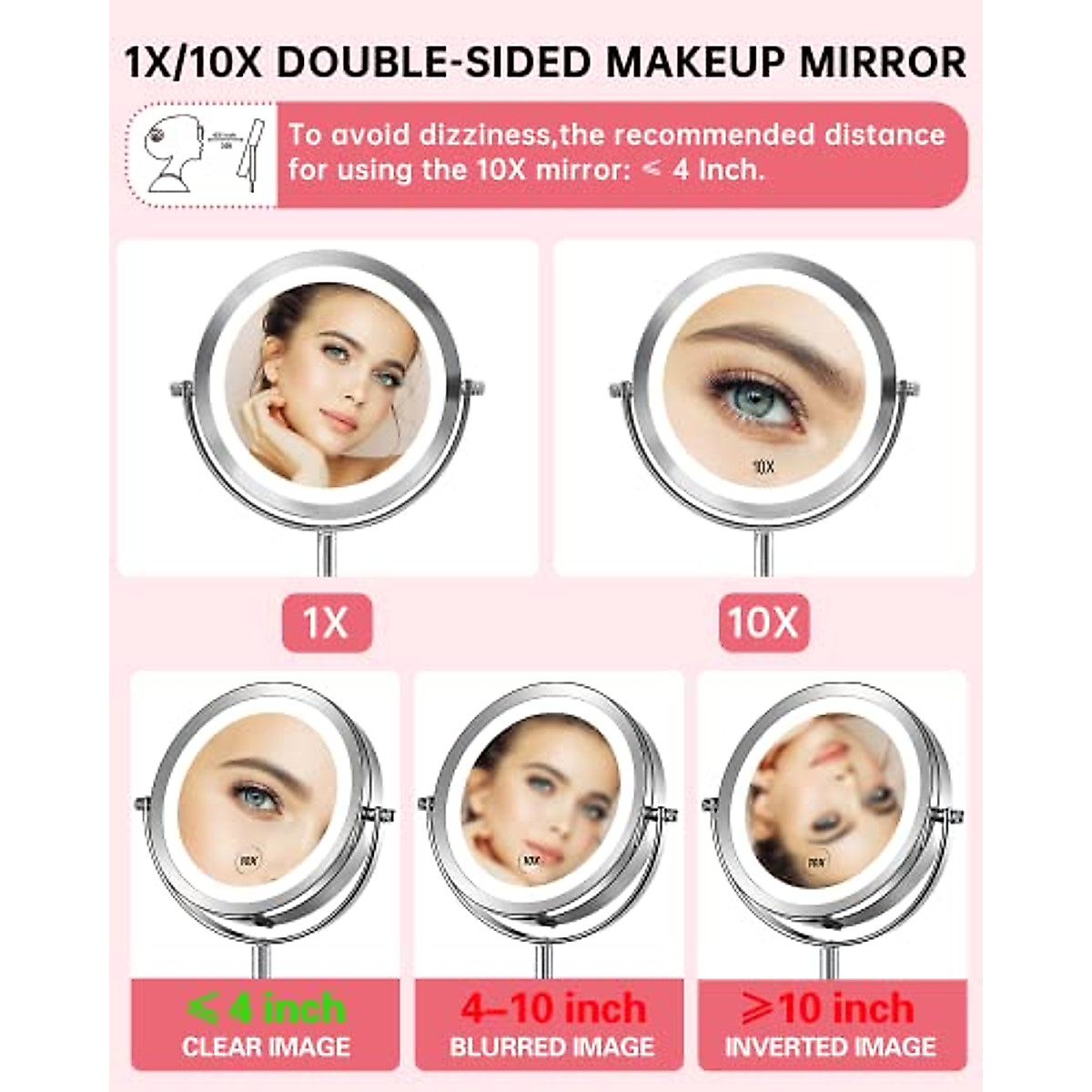 Gospire 1x/10x Magnifying Lighted Makeup Mirror Double Sided Round Standing 360 Degree Swivel Vanity Mirror for Shaving Bathroom Battery Operated 7 Inch Diameter (Silver-Button Switch)