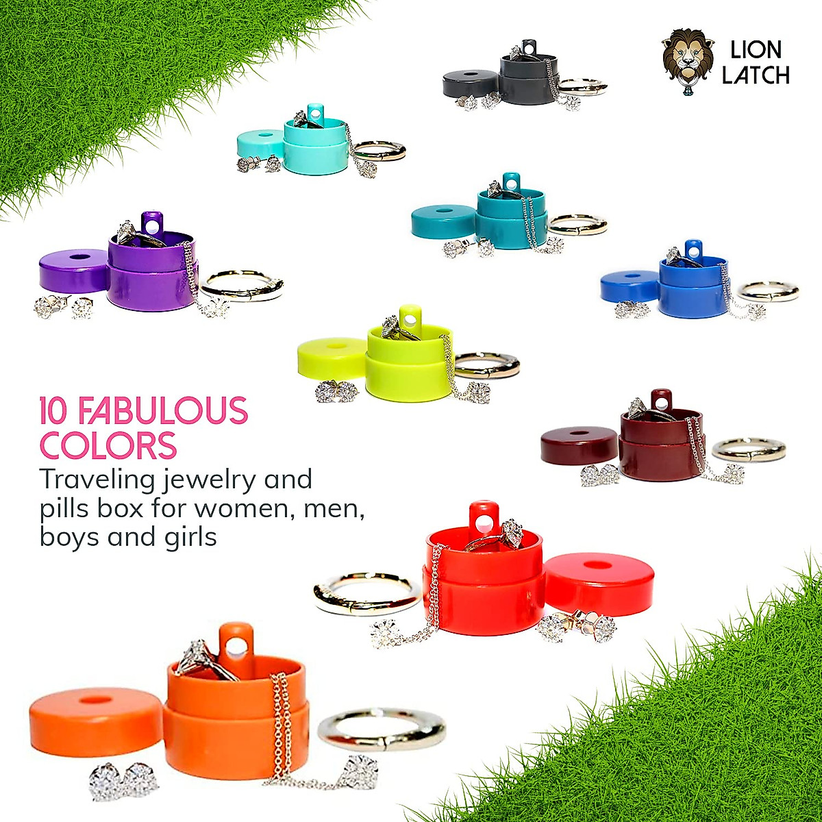 Lion Latch: As Seen on Shark Tank, Jewelry Box Case, Traveling Jewelry Holder Storage, Pill Box Keychain Container, 3-Pack - Grey, Mint, Turquoise