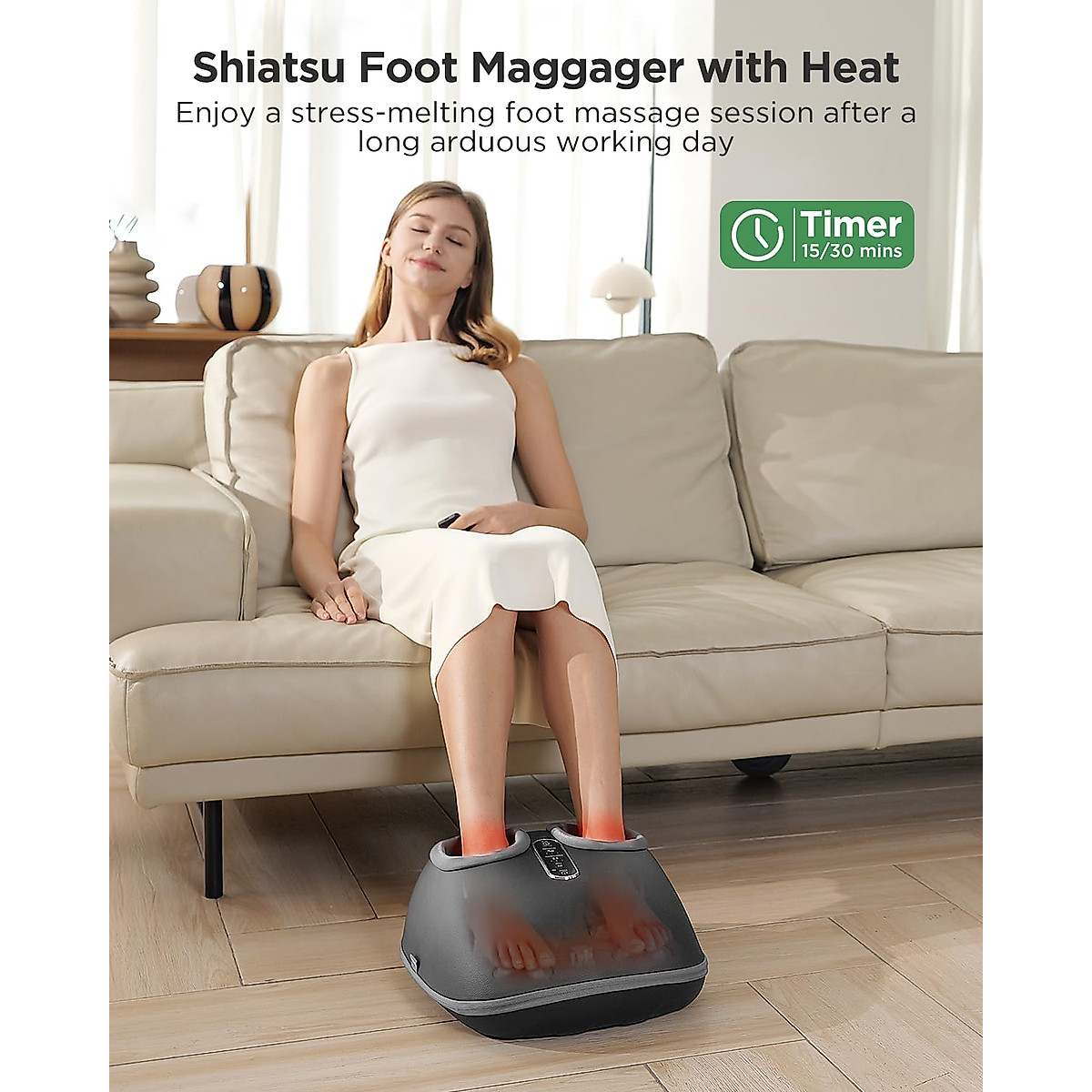 Neuksso Foot Massager with Heat, Shiatsu Deep Kneading Foot Massager Machine with Multiple Massage Modes & Adjustable Air Intensity for Home and Office Use, Fits Feet Up to Men Size 12 (Gray)