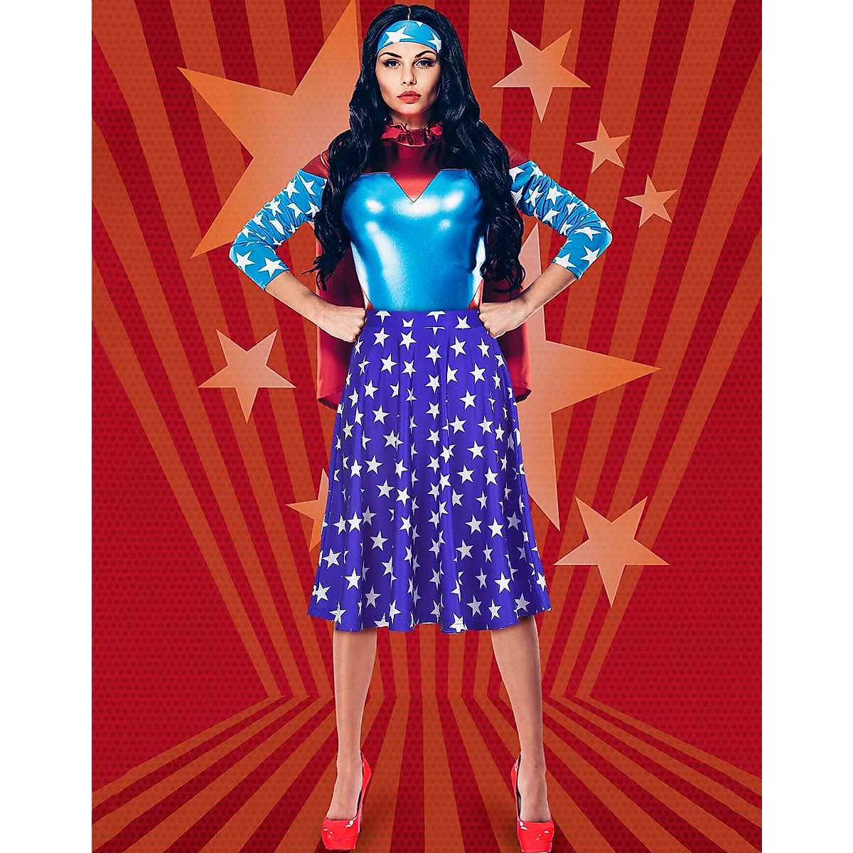 HDE Skirts for Women - Midi Skirt Skater Skirt Knee Length High Waist Fun Prints Blue & White Stars - XL