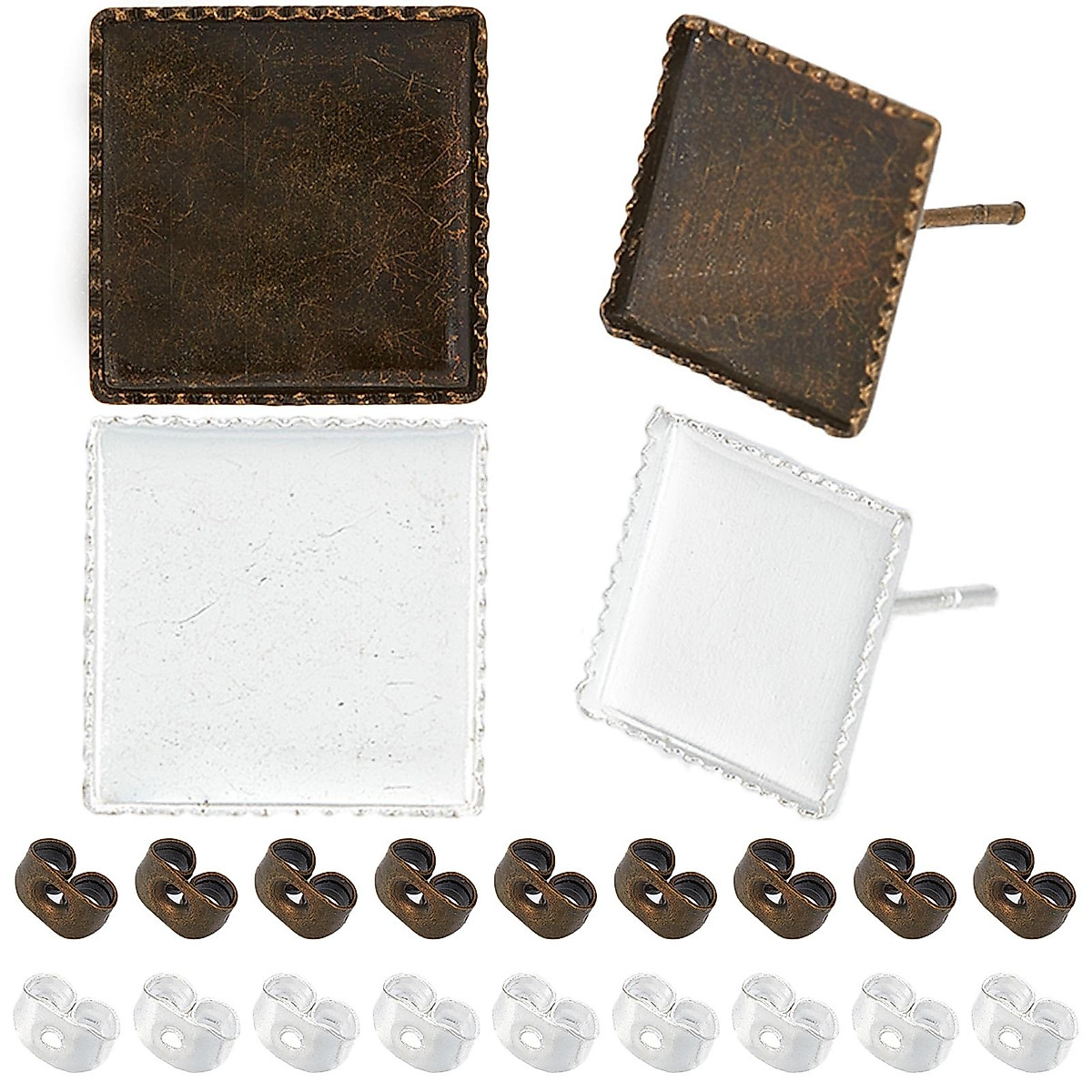 SUNNYCLUE 1 Box 80Pcs Cabochon Stud Earring Blanks Stud Earring Findings Bezel Earrings Studs Blank 40Pcs Earring Base Tray Bezels Settings 40Pcs Ear Nuts Earring Backs for Jewelry Making DIY Kit
