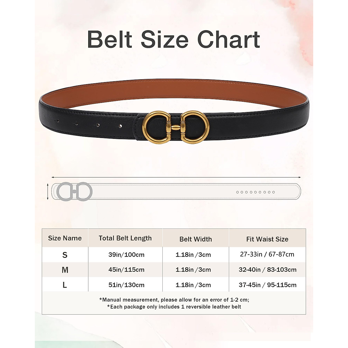 AWAYTR Reversible Belt for Women - Two-in-One Women Fashion Leather Belt for Jeans with Golden Buckle (Black/Brown,100cm)