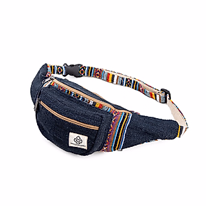 Freakmandu Eco-Friendly Boho Hippie Style Hemp Fanny Pack Blue Hip Waist Bag for Hiking Running Jogging (Azure)