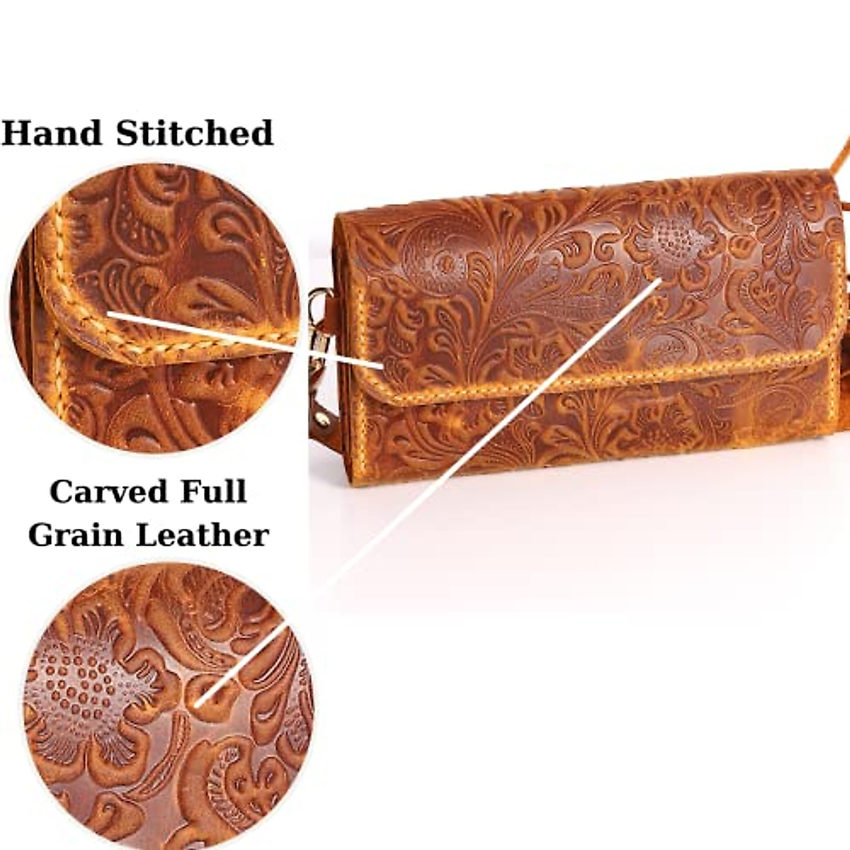 Handmade Small Crossbody Shoulder Bag for Women, Cellphone Bags Adjustable Strap, Leather Card Holder Wallet Purse and Handbags With Zipper Coin Clutch for Teen Girls Bags (Carved Camel)