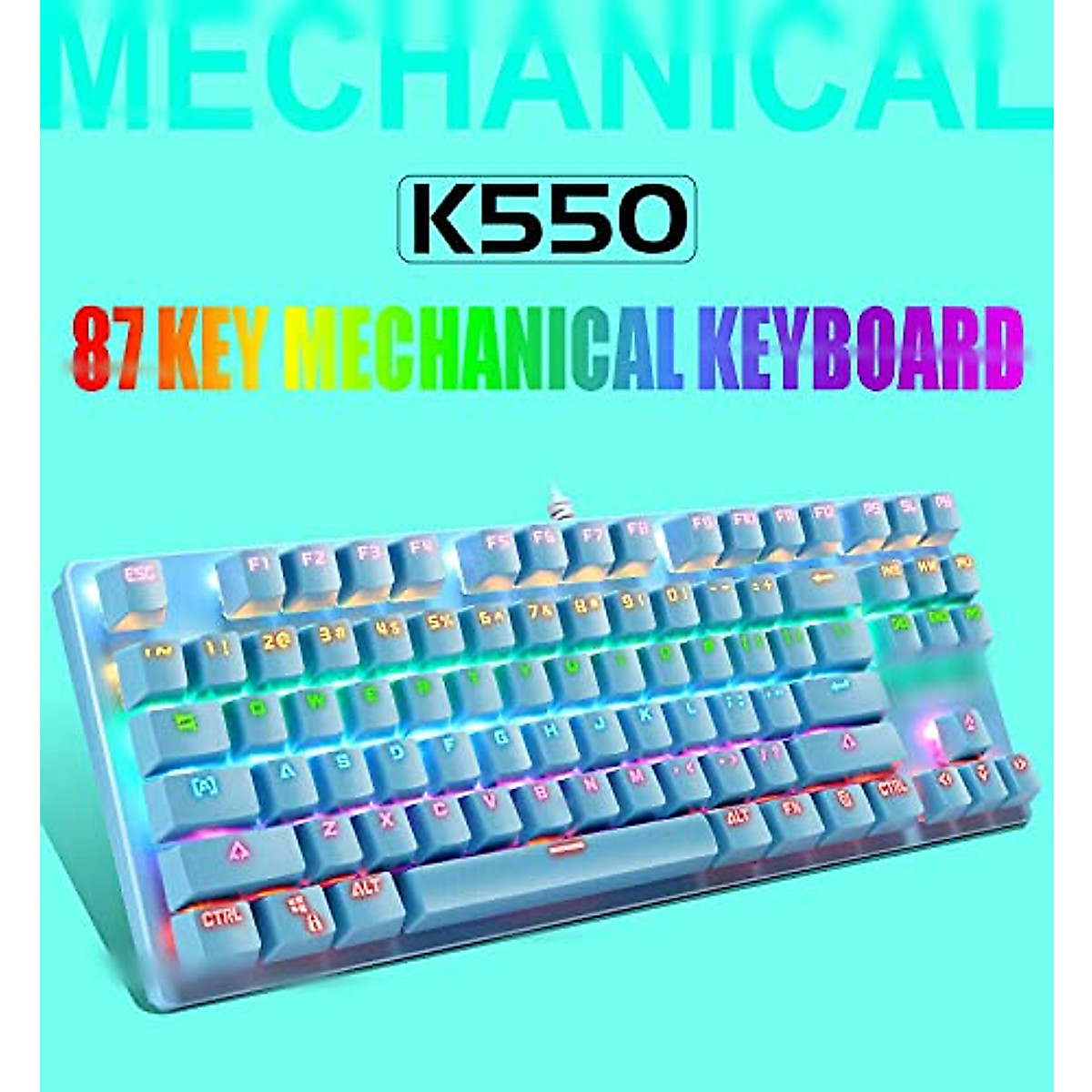 Mechanical Keyboard,Wired Rainbow LED Backlit 87 Key Waterproof Gaming Keyboard,USB Cable with Magnetic Ring PC PS4(Blue)
