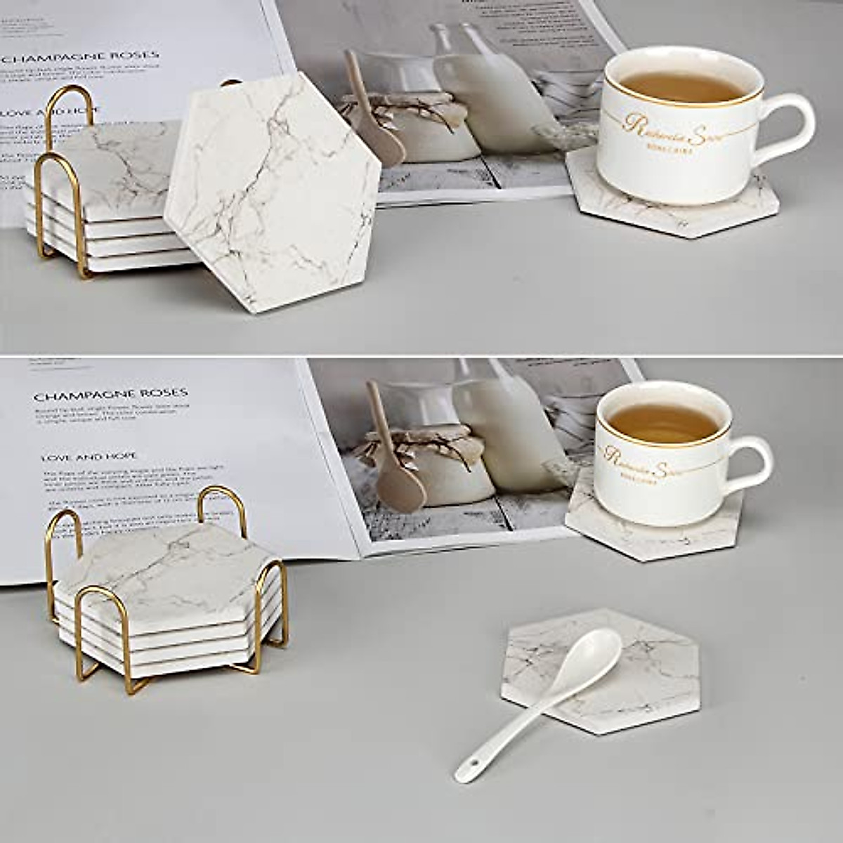 6 Pcs Cute Marble Absorbent Coaster Set with Holder Hexagon Drink Coasters Modern White Ceramic Thirstystone Coasters Cup Wine Coaster Table Bar Coasters Stone Coasters