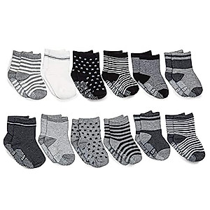 12-Pack Cotton Socks for Toddler Boys Girls Anti-Slip Ankle Socks for Baby Walkers Non-Skip Stretch Knit Stripes Star Assorted Cotton Socks with Grip for 16-36 Months