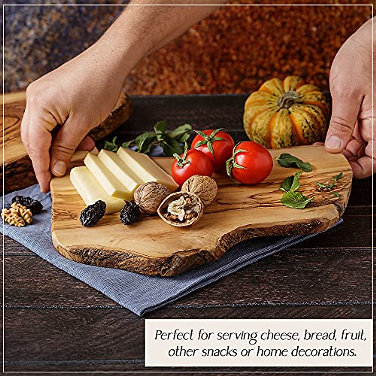 Crystalia Handmade Small Wooden Cutting Board for Kitchen, Natural Olive Wood Cheese Serving Board, Cute Live Edge Cutting Chopping Board with Wooden Spreader for Butter, Jam