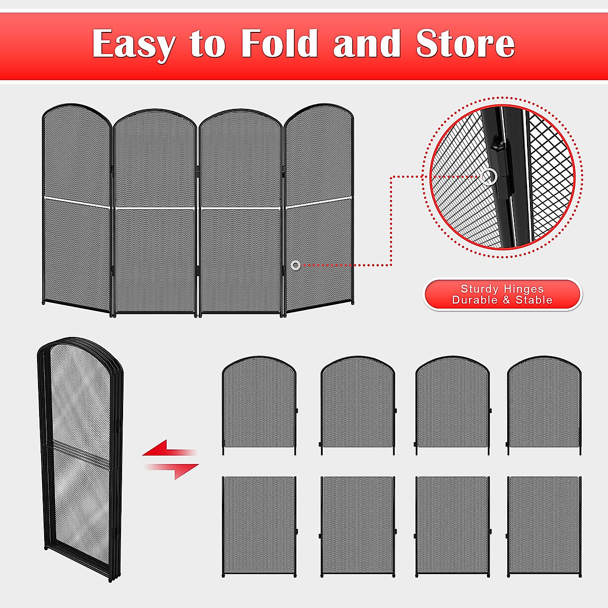 OYEAL Fireplace Screen Stand Black 4 Panel Fireplace Cover Metal Fire Spark Guard Cover Foldable Decorative Fireplace Screen for Home Indoor Fireplace, Black (47.8" W x 31" H)