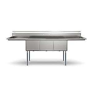 KoolMore 102 in. Three Compartment 18-Gauge Stainless-Steel Commercial Kitchen Sink, Bowl Size 18x24x14, with Three Basins for Washing and Rinsing Dishes with Two Drainboards (KM-SC182414-24B3)
