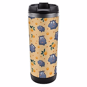 Cute Hippopo Pattern Travel Coffee Mug Reusable Insulated Drinking Cup with Lid for Home Outdoor Works 13 Oz