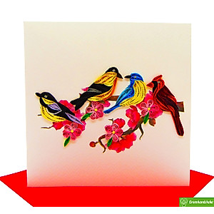 Four Colorful Birds sitting in a tree, Quilling Card 3D,Unique Dedicated Handmade, Design Greeting Card for Birthday, Valentine's Day, Mothers Day, Spring, Fathers Day, All Occasion,6"x6"
