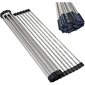 Roll up Dish Drying Rack Over The Sink Dish Drying Rack Portable Stainless Still Rolling Rack Folding Dish Drainer Sink Rack Mat Dish Drying Rack for Kitchen Sink Counter (17.8''LX11.2''W, Black)