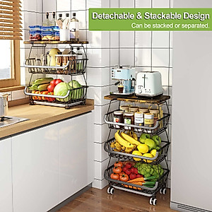 4 Tier Fruit Basket for Kitchen - Stackable Fruit and Vegetable Storage Cart with Wooden Top Rolling Wheels Metal Wire Basket Organizer for Onions Potatoes Storage Utility Rack Bins for Kitchen Pantry