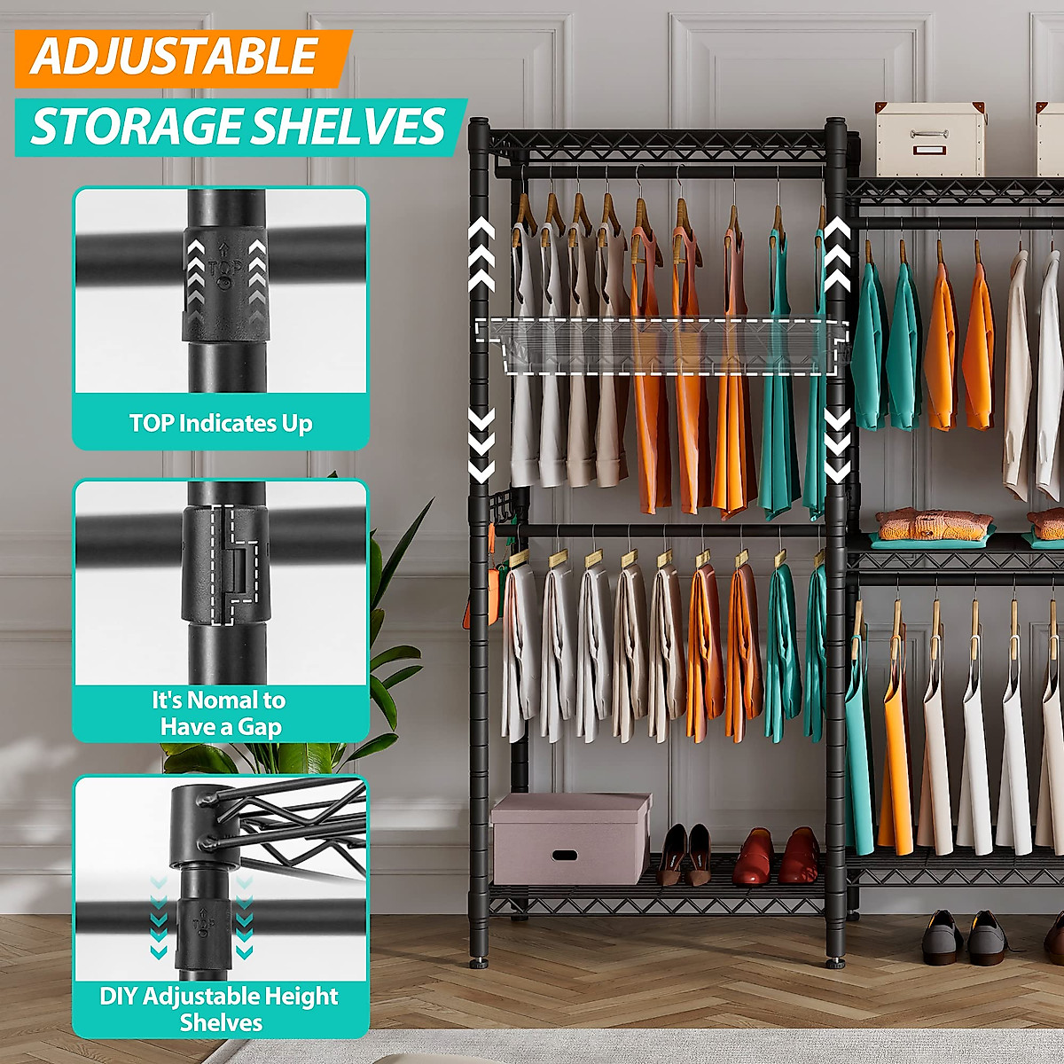 PUNION Heavy Duty Clothes Rack,Wire Garment Rack for Hanging Clothes,Multi-Functional Bedroom Clothing Rack with 5 Hanger Rod,7 Shelves,2 Side Hooks,Extra Wide 86"W X18”D X77”H, Max Load 1500LBS,Black